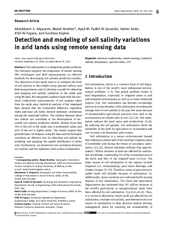 (PDF) Detection and modeling of soil salinity variations in arid lands using remote sensing data