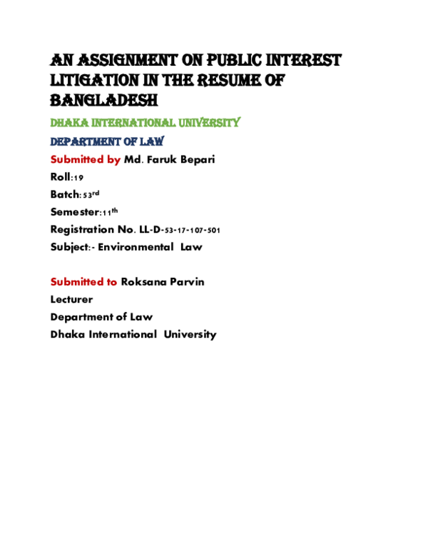 (PDF) An Assignment on Public Interest Litigation in the Resume of Bangladesh