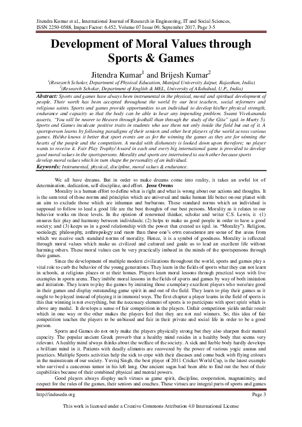 (PDF) Development of Moral Values through Sports & Games