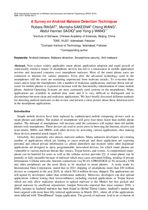 Pdf A Survey On Android Malware Detection Techniques