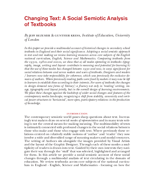 (PDF) Changing Text: A Social Semiotic Analysis of Textbooks