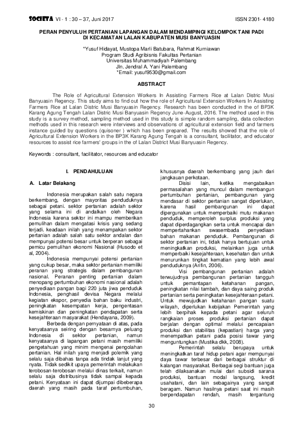 (PDF) Peran Penyuluh Pertanian Lapangan Dalam Mendampingi Kelompok Tani Padi DI Kecamatan Lalan ...