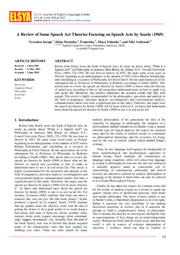 (PDF) A Review of Some Speech Act Theories Focusing on Speech Acts by ...