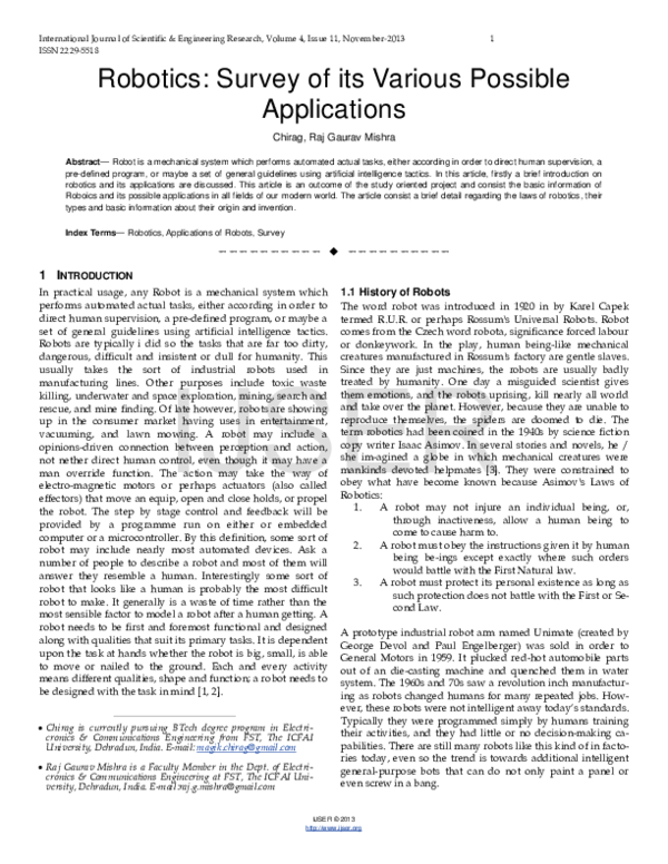 (PDF) Robotics: Survey of its Various Possible Applications
