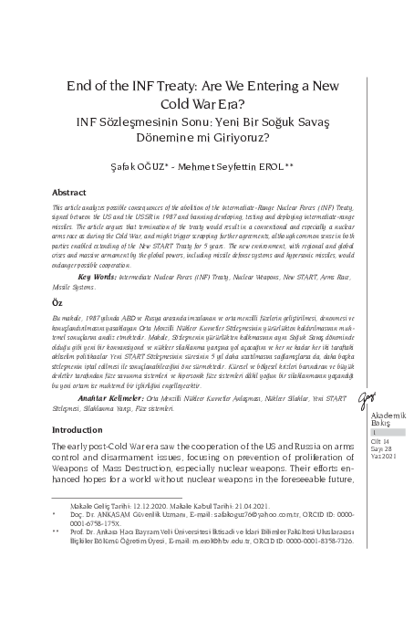 (PDF) End of the INF Treaty: Are We Entering a New Cold War Era?
