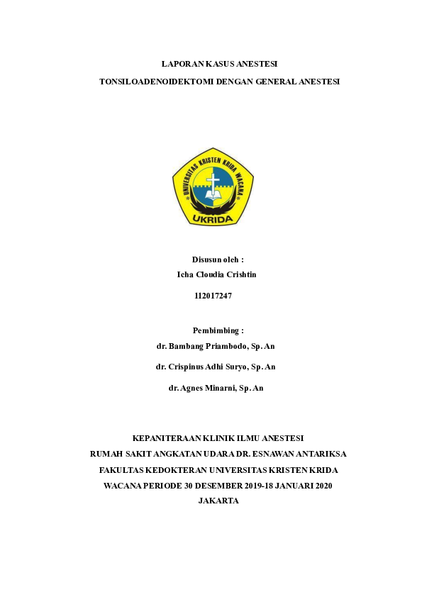 (PDF) LAPORAN KASUS ANESTESI TONSILOADENOIDEKTOMI DENGAN GENERAL ...