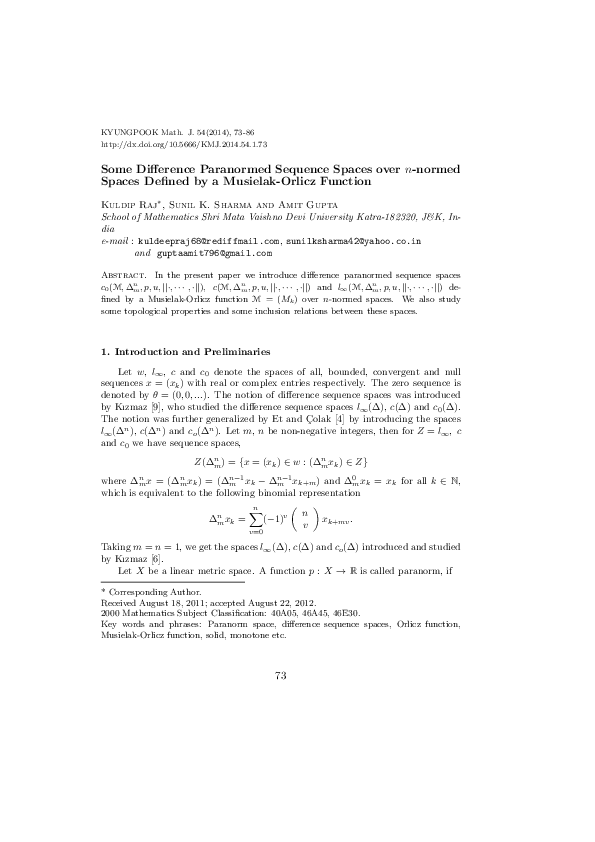 Pdf Some Difference Paranormed Sequence Spaces Over N Normed Spaces Defined By A Musielak 