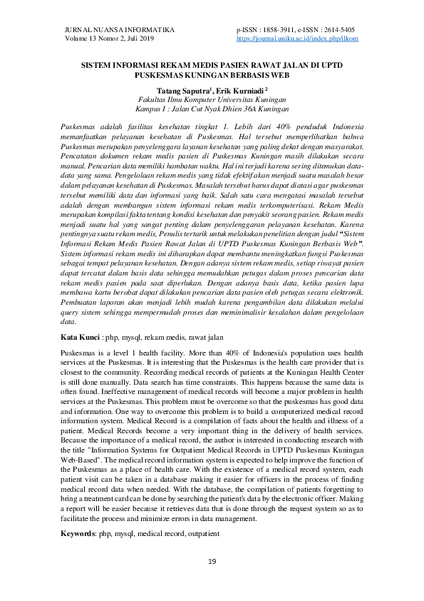 (PDF) Sistem Informasi Rekam Medis Pasien Rawat Jalan DI Uptd Puskesmas ...