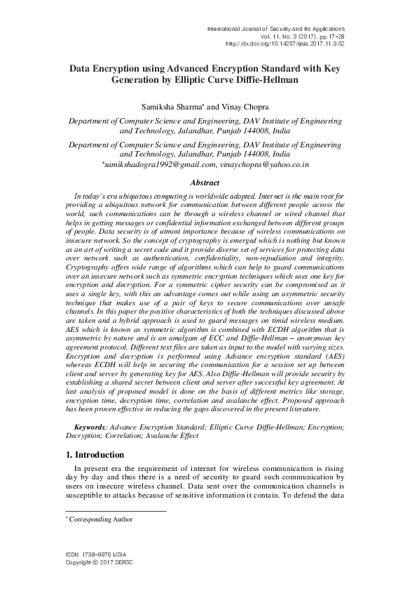 Pdf Data Encryption Using Advanced Encryption Standard With Key Generation By Elliptic Curve