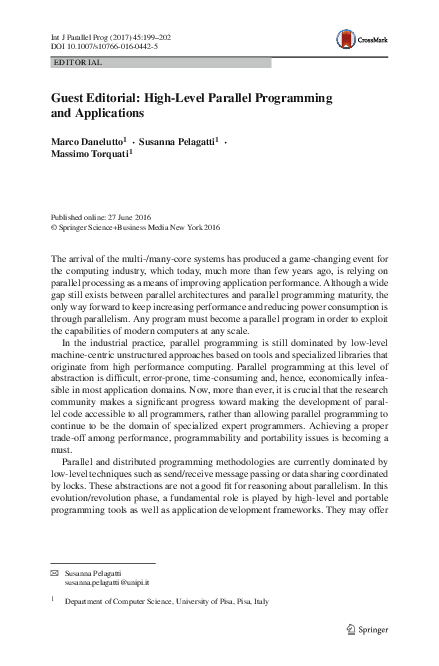 (PDF) Guest Editorial: High-Level Parallel Programming and Applications ...