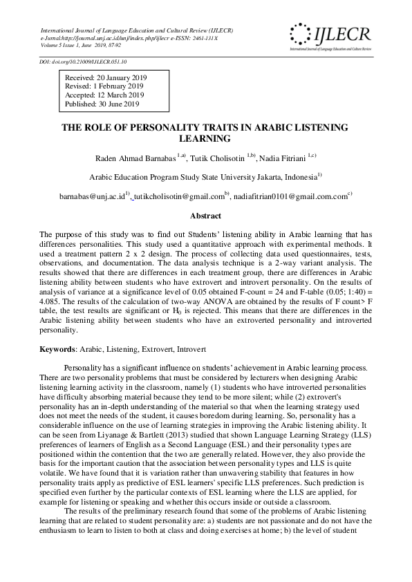 (PDF) The Role of Personality Traits in Arabic Listening Learning