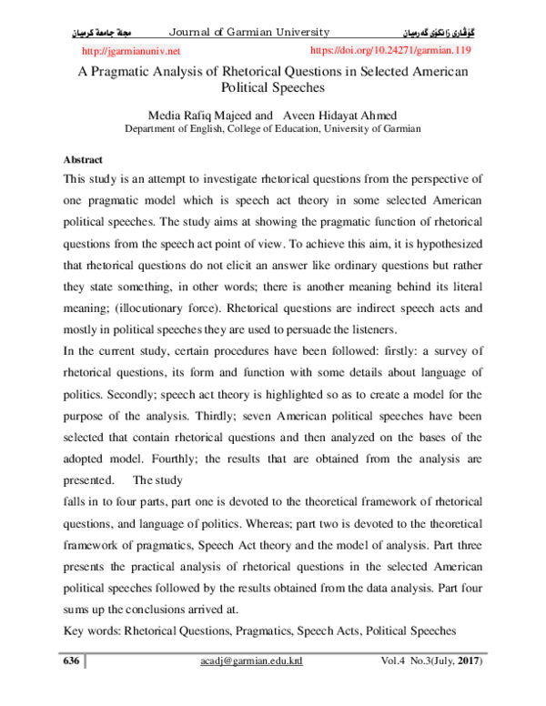 (PDF) A Pragmatic Analysis of Rhetorical Questions in Selected American ...