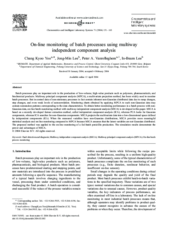 Pdf On Line Monitoring Of Batch Processes Using Multiway Independent