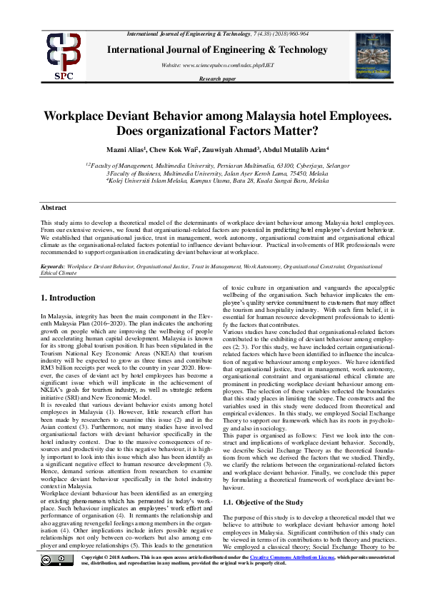 (PDF) Workplace Deviant Behavior among Malaysia hotel Employees. Does ...
