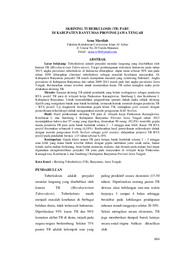 (PDF) Skrining Tuberkulosis (TB) Paru DI Kabupaten Banyumas Provinsi Jawa Tengah | Aena Mardiah ...