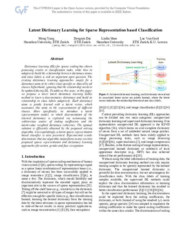 (PDF) Latent Dictionary Learning for Sparse Representation Based ...