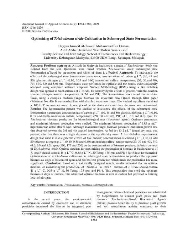(PDF) Optimizing of Trichoderma viride Cultivation in Submerged State Fermentation