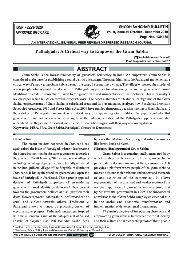 (PDF) Pathalgadi : A Critical Way to Empower the Gram Sabha