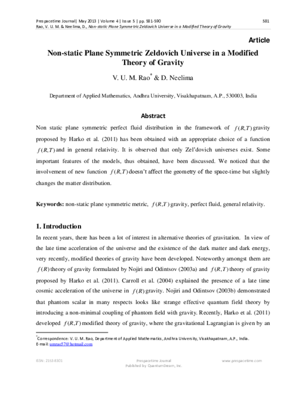 (PDF) Non-static Plane Symmetric Zeldovich Universe in a Modified Theory of Gravity | neelima ...