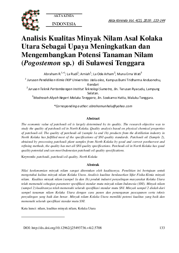 (PDF) Analisis Kualitas Minyak Nilam Asal Kolaka Utara Sebagai Upaya Meningkatkan dan ...