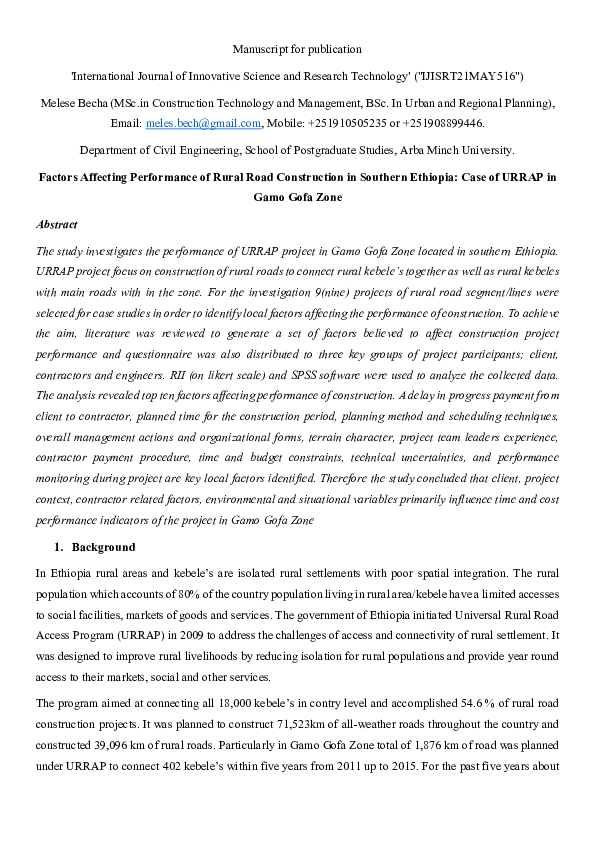 (PDF) Factors Affecting Performance of Rural Road Construction in ...