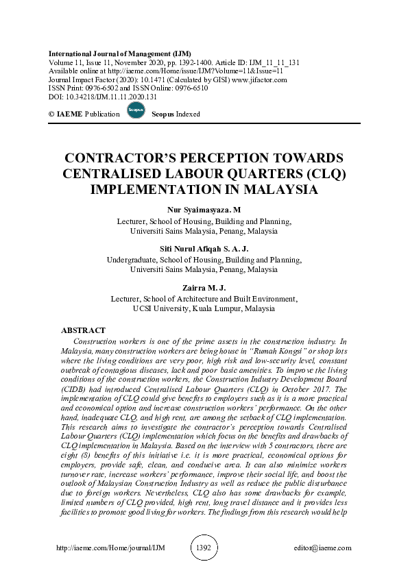 (PDF) CONTRACTOR’S PERCEPTION TOWARDS CENTRALISED LABOUR QUARTERS (CLQ ...