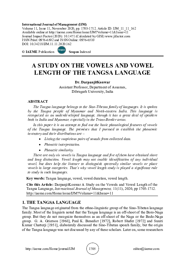 (PDF) A STUDY ON THE VOWELS AND VOWEL LENGTH OF THE TANGSA LANGUAGE