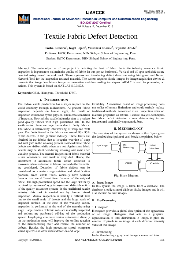 Pdf Textile Fabric Defect Detection Vaishnavi Bhosale