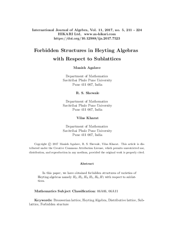 (PDF) Forbidden structures in Heyting algebras with respect to sublattices