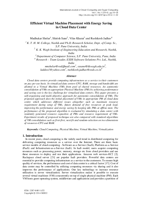 (PDF) Efficient Virtual Machine Placement with Energy Saving in Cloud Data Center