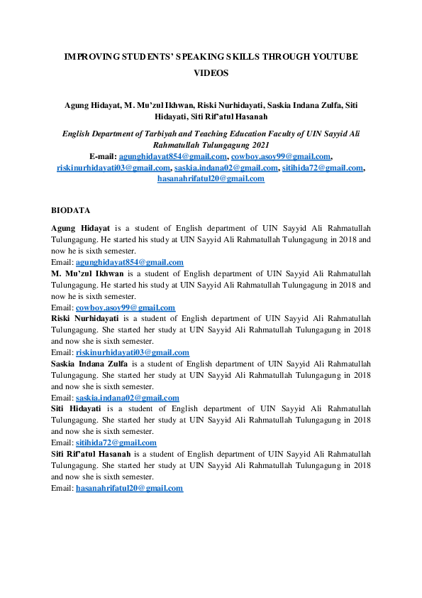 (PDF) IMPROVING STUDENTS' SPEAKING SKILLS THROUGH YOUTUBE VIDEOS