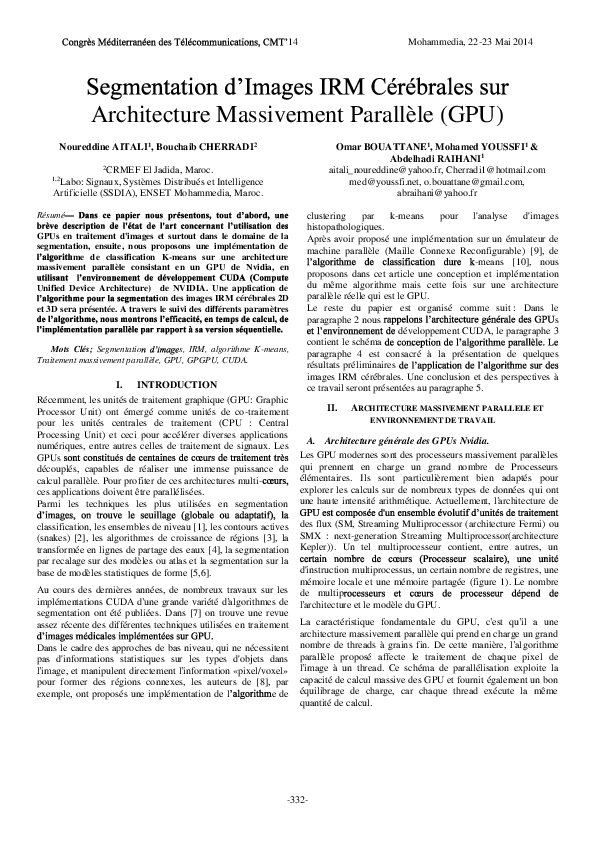 (PDF) Segmentation d’Images IRM Cérébrales sur Architecture Massivement Parallèle (GPU)