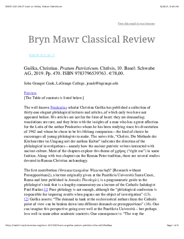 (PDF) BMCR 2021.06.37 Cook on Gnilka, Pratum Patristicum