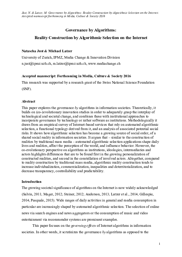 (PDF) Governance by Algorithms: Reality Construction by Algorithmic Selection on the Internet
