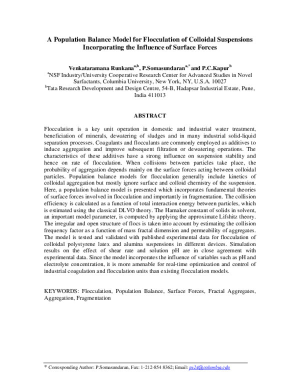 (PDF) A population balance model for flocculation of colloidal ...