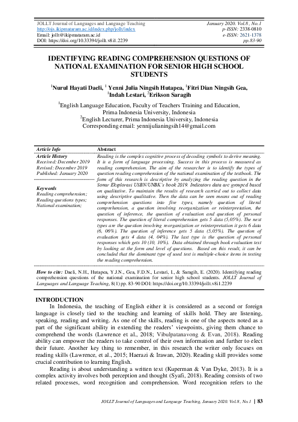 PDF Identifying Reading Comprehension Questions Of National PDF Identifying Reading Comprehension Questions Of National