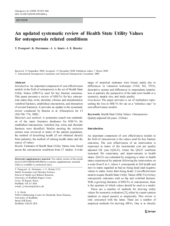 (PDF) A Systematic Review of Health State Utility Values for ...