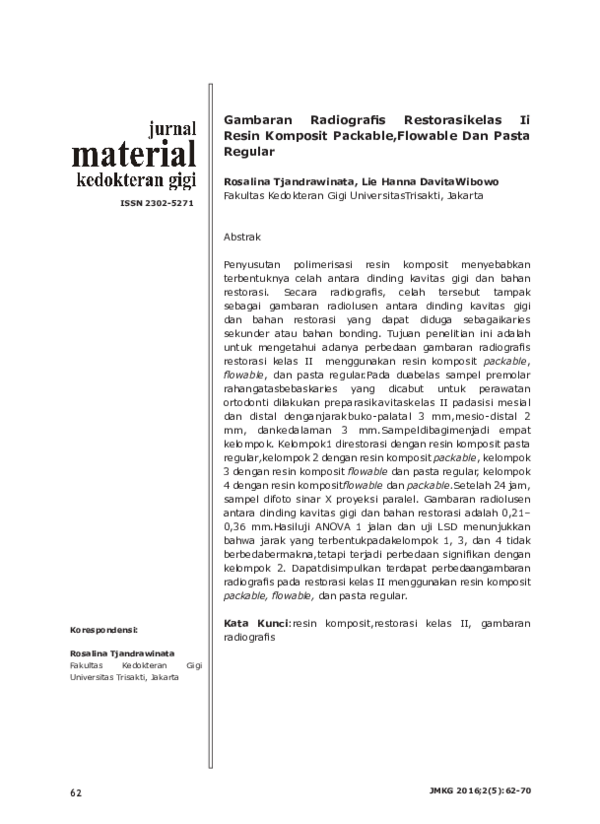 (PDF) Gambaran Radiografis Restorasi Kelas II Resin Komposit Packable, Flowable dan Pasta Regular
