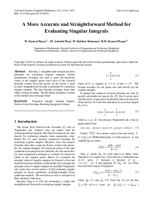 (PDF) A More Accurate and Straightforward Method for Evaluating Singular Integrals