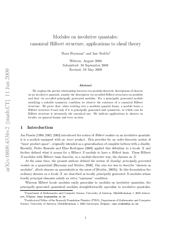 (PDF) Modules on Involutive Quantales: Canonical Hilbert Structure ...