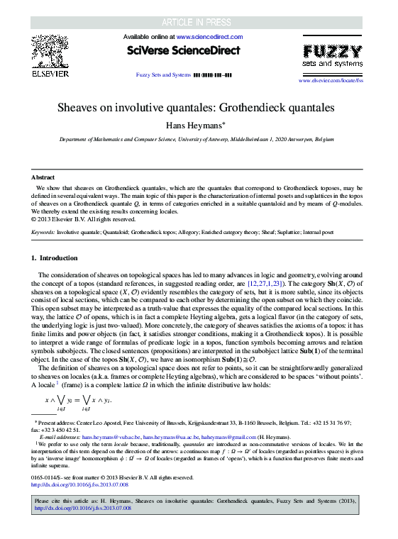 (PDF) Sheaves on involutive quantales: Grothendieck quantales