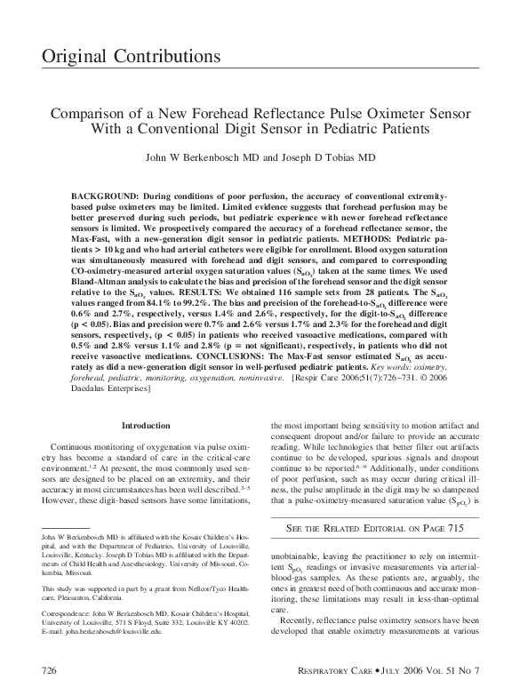 (PDF) Comparison of a new forehead reflectance pulse oximeter sensor ...