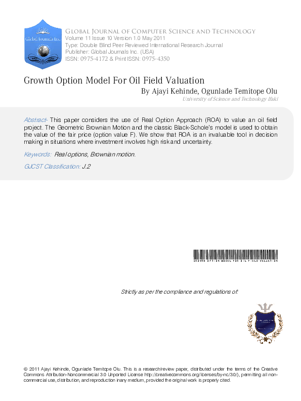 (PDF) Growth Option Model For Oil Field Valuation