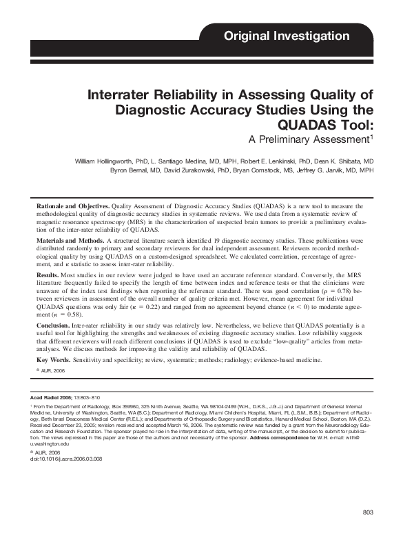 (PDF) Interrater Reliability in Assessing Quality of Diagnostic ...