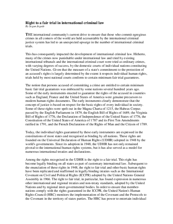 (PDF) The Right To A Fair Trial In International Criminal Law