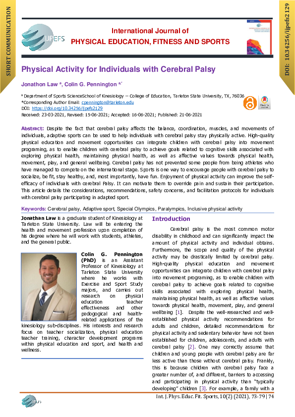 (PDF) Physical Activity for Individuals with Cerebral Palsy