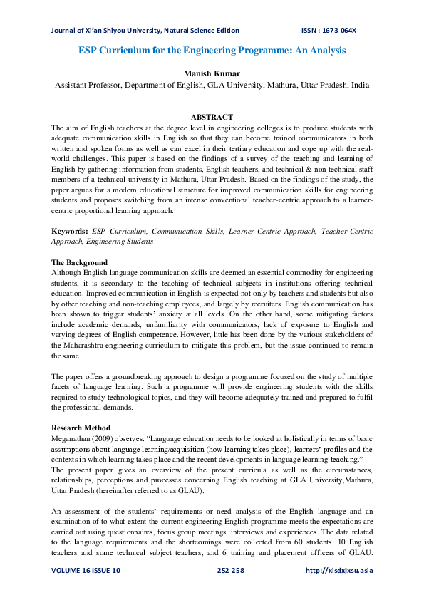 (PDF) ESP Curriculum for the Engineering Programme: An Analysis