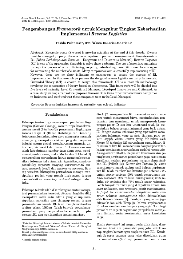 (PDF) Pengembangan Framework untuk Mengukur Tingkat Keberhasilan Implementasi Reverse Logistics