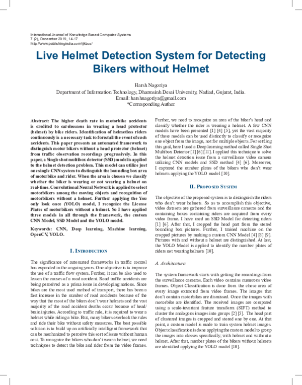 (PDF) Live Helmet Detection System for Detecting Bikers without Helmet