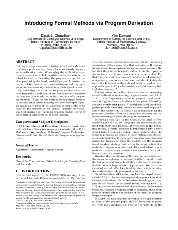 (PDF) Introducing Formal Methods via Program Derivation